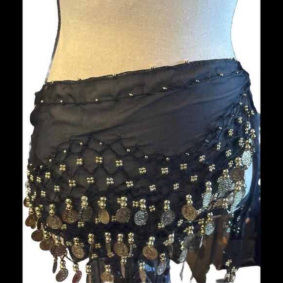 Accessories | Black Sheer Golden Coins Hip Scarf Belly Dancing Cosplay ...